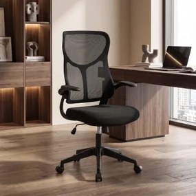 HOMCOM ergonomická otočná kancelářská židle se sklápěcími područkami, s houpací funkcí, výškově nastavitelná, s síťovinou, černá
