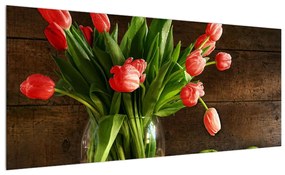 Obraz červených tulipánů ve váze (100x40 cm)