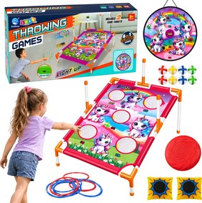 LEAN Toys Obratnostní hra „Hod na terč“ 4 v 1 – terč, deska, jednorožci, obruče, frisbee