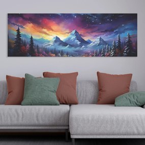 Obraz na plátně - Barevná zimní krajina s horami a stromy FeelHappy.cz Velikost obrazu: 210 x 70 cm