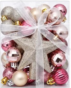 Sada vánočních ozdob růžová a stříbrná 3 cm, 1× glitter špice, plastové baňky IP44 venkovní, balení 29 ks