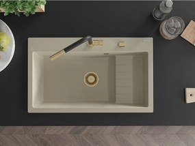 Mexen Omar granitový dřez 1-komorový 800 x 480 mm, béžový, zlatý sifon - 6520801005-69-G