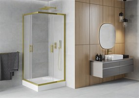 Mexen Rio, čtvercový sprchový kout s posuvnými dveřmi 90 (dveře) x 90 (dveře) x 190 cm, 5mm sklo námraza, zlatý profil + bílá sprchová vanička RIO, 860-090-090-50-30-4510