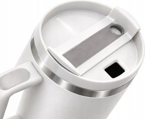 VERK Velký nerezový termohrnek se slámkou a držadlem – 1,2 l - bílý