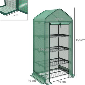 Outsunny skleník na rostliny s 4 policemi a roll-up dveřmi, malý kovový a PE skleník, 69x49x158 cm, tmavě zelený