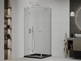Mexen Roma, sprchový kout s křídlovými dveřmi 90 (dveře) x 90 (stěna) cm, 6mm čiré sklo, chromový profil + slim sprchová vanička černá + chromový sifon, 854-090-090-01-00-4070