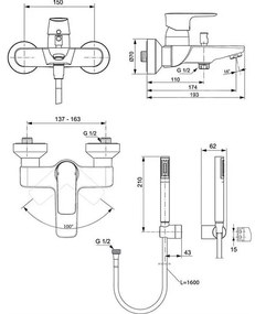 Ideal Standard Connect Air Baterie vanová nástěnná se sprchovým příslušenstvím A7056AA