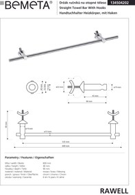 Bemeta Design RAWELL: Držák ručníků na topné těleso, 535 mm, lesk -