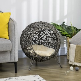 PawHut ratanový domeček pro kočky Elegantní kočičí jeskyně s polštářem, vyvýšené nohy, stříbrně šedá, Ø52x58cm