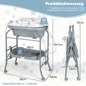 Costway Dětský přebalovací stůl s vaničkou Přenosný s PVC vrchní vrstvou, šedá