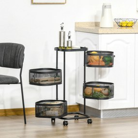 HOMCOM Servírovací vozík se 4 drátěnými koši, horní policí a otočnými kolečky, ocel a PP plast, 33x33x77cm, černý