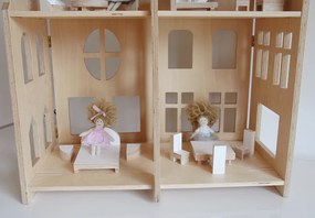 Myminihome Dřevěný domeček pro panenky 3v1 Zvolte barvu stran: Bílá, Zvolte barvu polic: Bílá