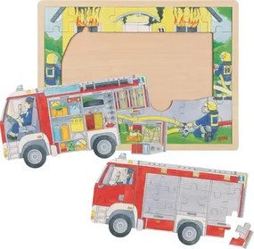 GOKI Vícevrstvé dřevěné puzzle Hasiči při práci / 59 dílků / od 3 let