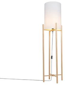Venkovská stojací lampa dřevo s bílým odstínem - Lengi