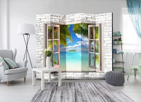 Pokojová zástěna Ostrov snů II - kamenná textura okna s výhledem na moře a palmy