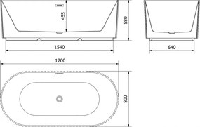 Mexen Paola, volně stojící vana, drážkovaná, 170 x 80 cm, bílá lesklá, zlatý matný přepad, 52721708000-55