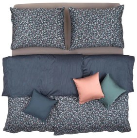 SCANquilt povlečení SATÉN DESIGN kvítka+proužky tmavě modrá 140 x 200/70 x 90 cm