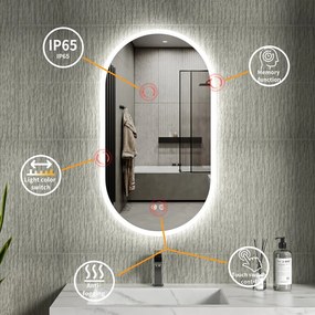 Erga Demi, oválné LED zrcadlo 50x90cm, 3 barvy světla, přední osvětlení, topná podložka proti zapaření, ERG-V01-DEMI-5090-CL