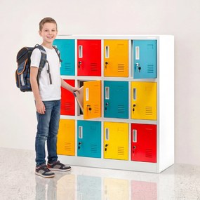 Plechová šatní skříň s 12 boxy OLA, 1090 x 1200 x 450 mm, šedo-více barevní