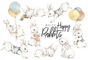 Dekornik Samolepka do dětského pokoje sada bílých šťastných králíků v říši divů
