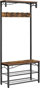 Předsíňový věšák s policí, úložným prostorem na boty a místem k sezení 80 x 32 x 178 cm, rustikální hnědá