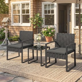 Outsunny Ratanový bistro set, 3dílná sada zahradního nábytku se 2 zahradními židlemi, konferenčním stolkem, odnímatelnými polštáři tmavě šedá