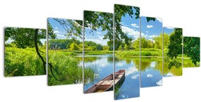 Obraz letní řeky s loďkou (210x100 cm)