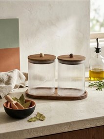 Sinsay - Rýhované nádoby na potraviny s víky na dřevěném podnose - clear