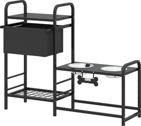 PawHut Vyvýšená miska pro psy Výškově nastavitelná miska na krmivo s úložným prostorem Miska na vodu 2 x 800ml nerezové misky 89,5x27x74 cm Černá bar…