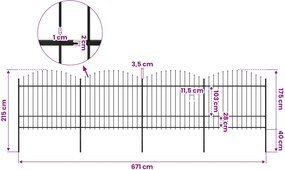 Zahradní plot s kopím nahoře ocelový 671 x 175 cm černý 277742