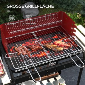 Outsunny Záhradní Kovový Uhlík Gril BBQ Smokery s Kolíky, Nastavitelný Grilovat Výšku, Dřevěná Police, Přenosný Grilový Vozík, BBQ pro Grilování a Ke…