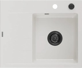 Mexen Ben, 1-komorový granitový dřez 600x500x190 mm, pravý + černý sifon, bílá, 6523605000-20-B