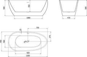 Mexen Eos, volně stojící vana 150 x 75 cm, bílá-černá, zlatý matný přepad, 52471507575-55