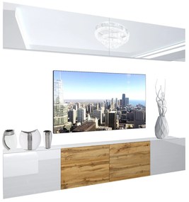 Obývací stěna Belini Premium Full Version bílý lesk / dub wotan + LED osvětlení Nexum 91