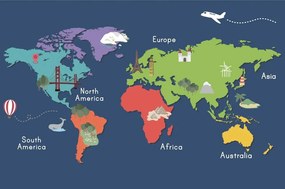 Samolepící tapeta mapa světa s dominantami - 300x200 cm