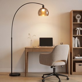HOMCOM Stojací lampa, ohnutá hlava, nožní spínač, mramorový podstavec, plastový stínidlo, šedá