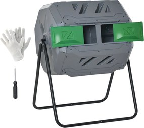 Outsunny Kompostér 160L, 71cm x 65cm x 96cm Rotující rychlý kompostér z plastu, termokompostér se 2 komorami pro bio a zahradní odpad, šedý | Aosom