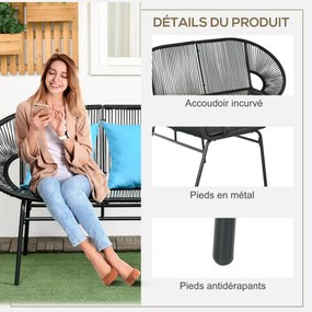 Outsunny zahradní lavička pro 2 osoby ve stylu ocel a umělý ratan s 2 polstry - rozměry 132D x 72Š x 83V cm - černá