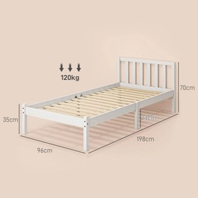 HOMCOM Dřevěný Rám Postele s Hlavovou Opěrkou pro Matratzi 90x190 cm (není součástí) Nosnost 120 kg 198x96x70 cm Bílý