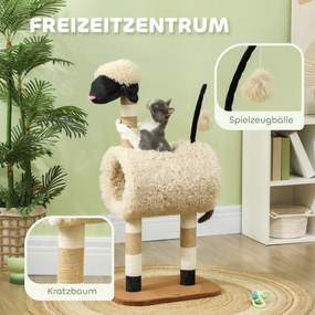 Škrabadlo PawHut 98 cm, strom pro kočky se škrabadlem, tunelem, míčkem na hraní, škrabadlo pro kočky v designu ovce, pro kočky do 5 kg, světle hnědé …