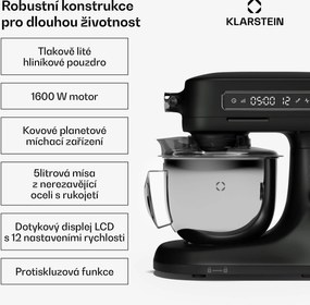 Klarstein Chiara kuchyňský robot, 1600 W, 12 nastavení, mísa z nerezavějící oceli, LCD displej, včetně příslušenství