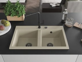 Mexen Hektor, 2-komorový granitový dřez 800x480x205 mm, béžová, grafitový sifon, 6521802000-69-B