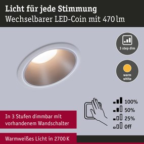 Paulmann 93409 LED Cole, bodovka v bílo-stříbrné úpravě, 1x6,5W LED 2700K tříkrokové stmívání, prům. 8,8cm, IP44