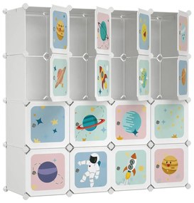 Skládací skříň, modulární skříňka pro děti se 16 přihrádkami, vesmírný motiv