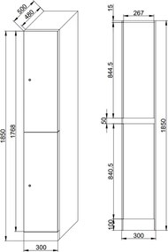 Šatní skříňka S1 s úložnými boxy, 2 boxy, 1850 x 300 x 500 mm, cylindrický zámek, modré dveře