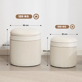 HOMCOM 2ks Sedací taburet s úložným prostorem, taburet s víkem, kulatý nožní stolička s sametovým vzhledem 36 x 41,5 cm krémově bílá