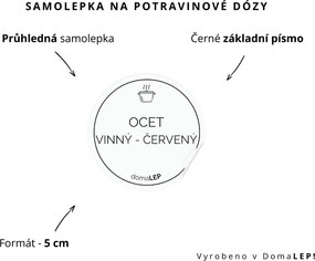 OCET VINNÝ ČERVENÝ - omyvatelná samolepka na dózu, výběr rozměrů Ø 5 cm / 5 x 5 cm / 6 x 8 cm | DomaLEP tvar: KOLEČKO, barva: PRŮHLEDNÁ - ČERNÉ písmo, velikost: Ø 5 cm - základní písmo