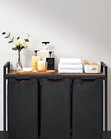 Koš na prádlo s policí BERGEN, 3x38l, černá/hnědá SongmicsHome