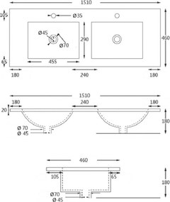Sapho, SLIM keramické dvojumyvadlo 150x46cm, nábytkové, 1601-150