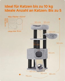 Škrabadlo, velké kočičí strom s košíkovým odpočinkem a hladícím jeskyní 141 cm | feandrea